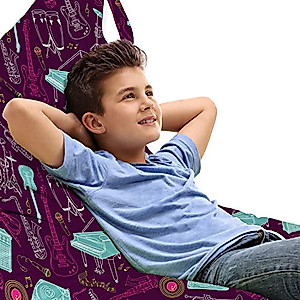 Lunarable Jazz Lounger Chair Bag, Hand Drawn Percussion Drums Grand Piano Violin and Microphones, High Capacity Storage with Handle Container, Lounger Size, Pale Blue Hot Pink