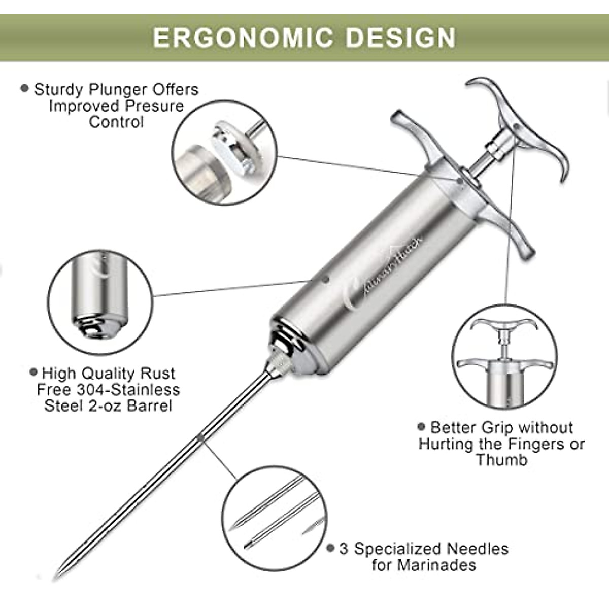 Culinary Hutch Meat Injector Syringe with Meat Tenderizer - 304-Stainless Steel Meat Injector Syringe Kit, 3 Needles, 3 Brushes, O-Rings set - Grilling, BBQ Accessories, 2-oz Large Capacity Barrel