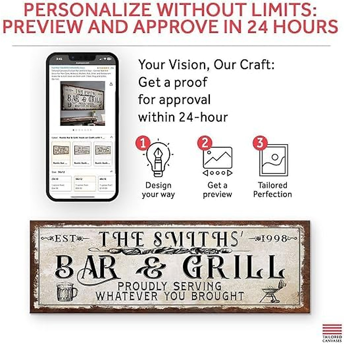 Tailored Canvases Custom Bar and Grill Sign - Canvas Wall Art Decor for Man Cave, Hideout, Kitchen, Pub, Diner and Restaurant - Rustic Bar & Grill Hook on Cloth with 1 Beer Mug and Griller, 48x16in