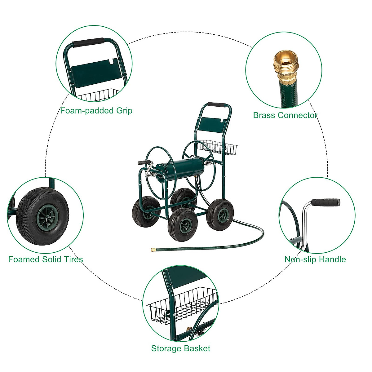 VINGLI 4-Wheel Garden Hose Reel Cart with Storage Basket, Portable Residential Hose Reel Cart, Lawn Watering, for Garden Backyard and Farm (Green)