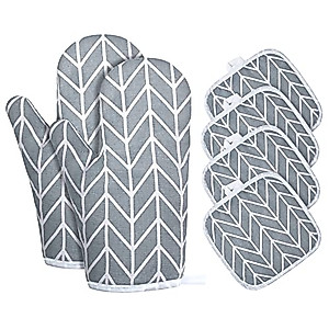 AUAUY Oven Mitts and Potholders BBQ Gloves-Oven Mitts and Pot Holders with Recycled Infill Silicone Non-Slip Cooking Gloves for Cooking Baking Grilling (6-Piece Set,Grey)
