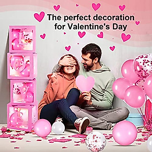 56 Pieces Valentine's Day Transparent Love Box Decorations with Balloon LED Light Letters for Valentine's Day, Wedding Party, Bridal Shower, Birthday Party Reveal Backdrop (Pink)