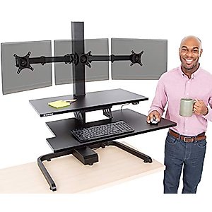 Stand Steady Techtonic Electric Standing Desk Converter wIth Triple Monitor Mount, 3 Screen Support, Quiet Sit-Stand Desk with Button Control, Keyboard Tray, Ideal for Gaming & Computer Work (Black)