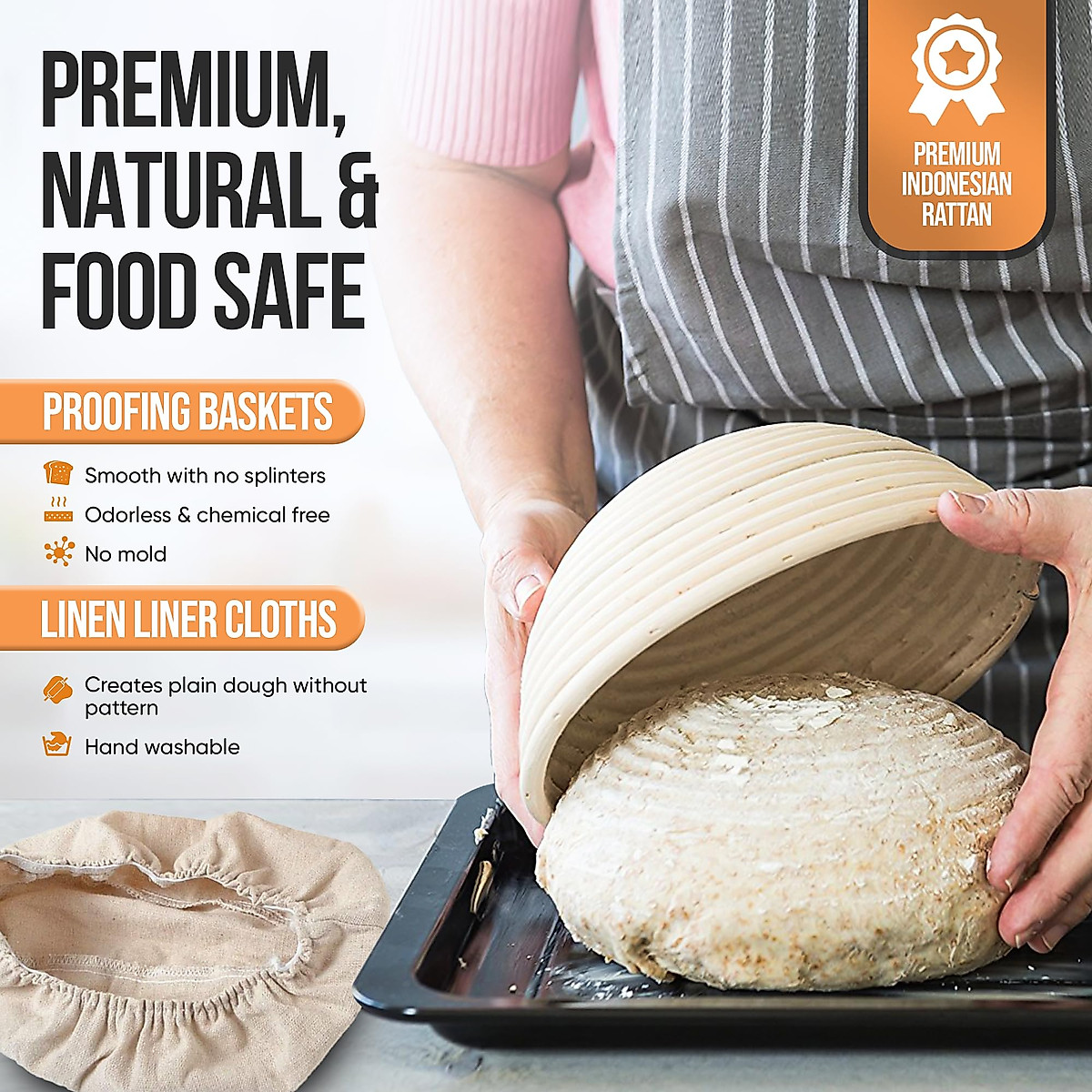 Banneton Bread Proofing Basket Set - 2x Round 9 inch Baskets Sourdough Bread Baking Supplies Sour Dough Scoring Tool - Proofing Bowls for Sourdough Bread Making Tools