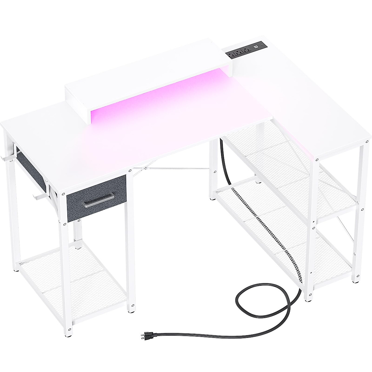 Homieasy L Shaped Desk with Monitor Stand & Drawer, Corner Gaming Desk with LED Strip & Power Strip, Modern Simple Home Office Computer Desk with Storage Shelves, Grey