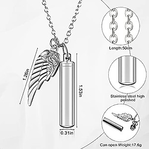 10 Pieces Angel Wing Memorial Keepsake Cylinder Cremation Ashes Necklace Urn Necklaces Holder for Cremation Keepsakes for Men Stainless Jewelry with Filling Kit (0.31 x 1.54 Inch, Silver)