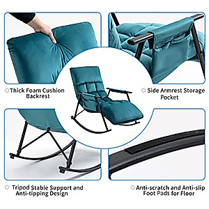 ZJhome Velvet Accent Folding Rocking Recliner Chair Nursery with Side Pocket Adjustable High Back & Foot Rest, Comfortable Upholstered Nursing Glider Rocker Armchair for Living Room, Bedroom(Teal)