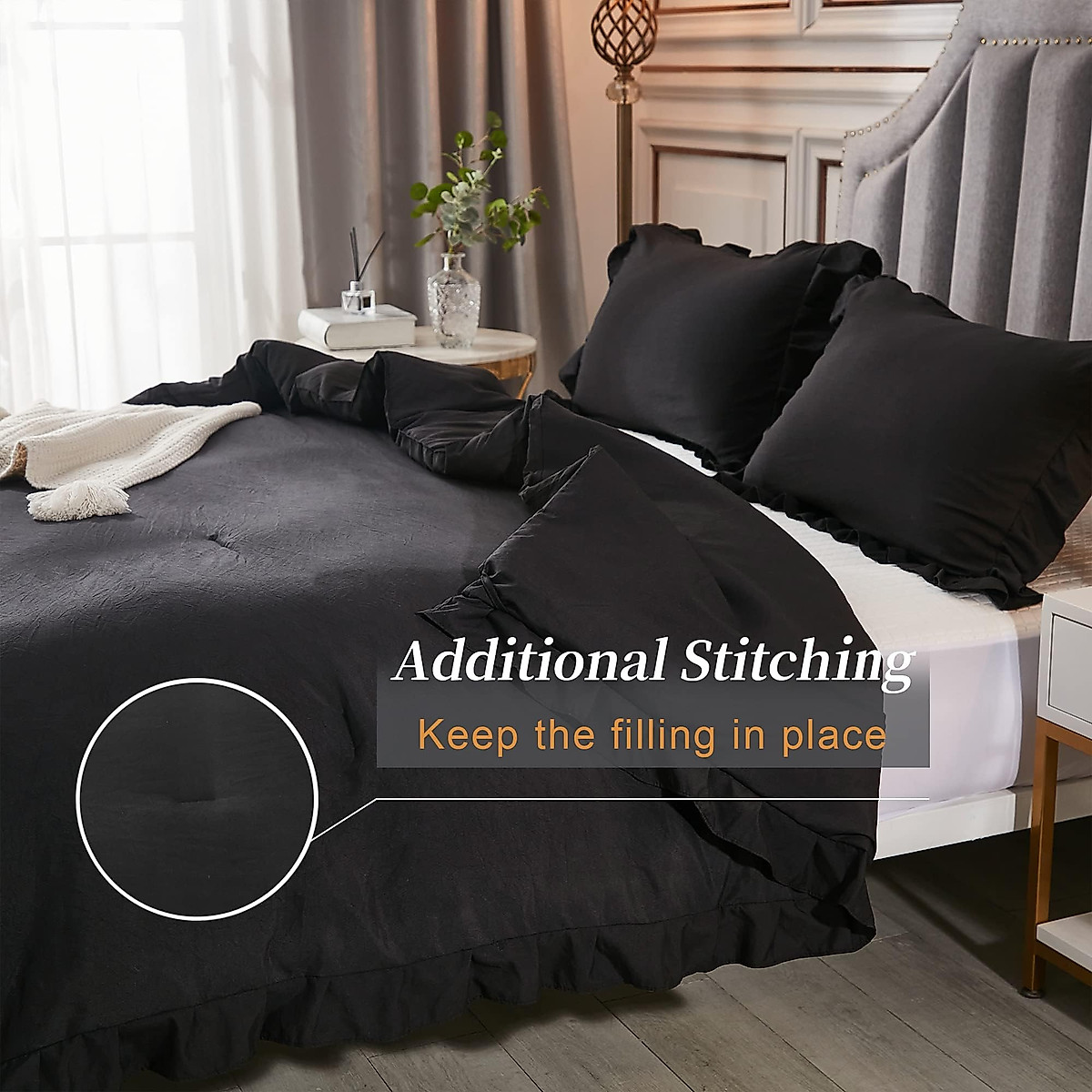 Andency California King Comforter Set Black (104x96Inch), 3 Pieces Cal King Ruffle Comforter, Oversized Farmhouse Shabby Chic Bed Comforter, Lighteweight and Soft Microfiber Bedding Set