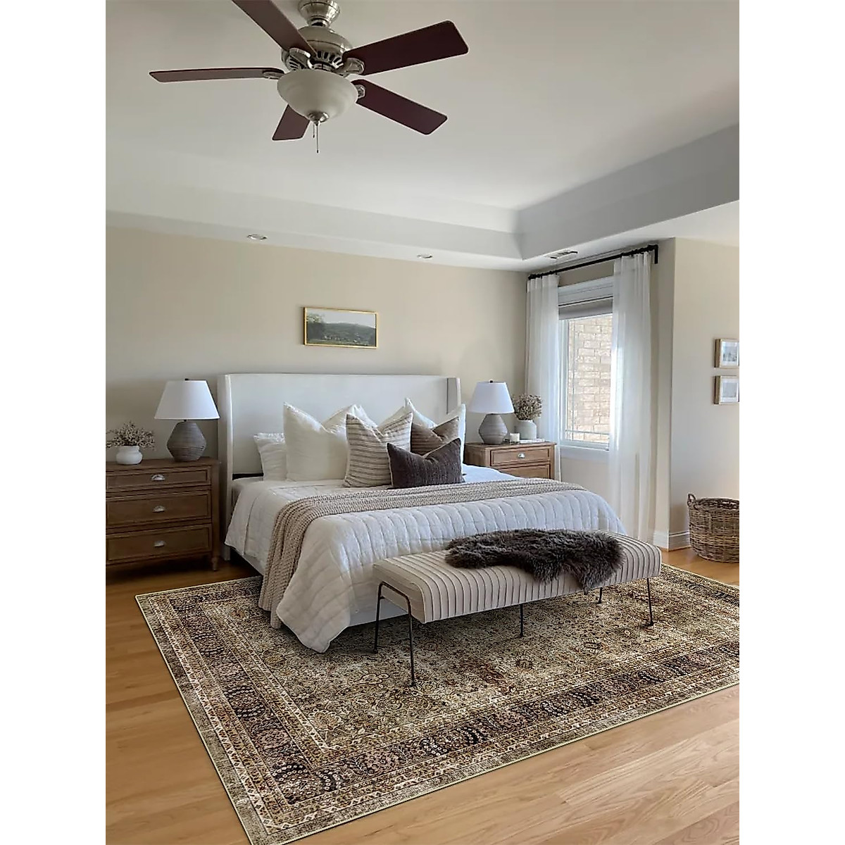 Poeti Washable Rug, Vintage 4x6 Rug with Anti-Slip Backing, Ultra Soft Area Rug, Stain Resistant Rugs for Living Room, Traditional Rug (Olive/Charcoal, 4'x6')