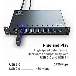 BrovSS: 10 Port Powered USB 3.0 Hub Aluminum - USB Hub Charger - Multiple Port Splitter Hub with 12V 5A 60W Power Adapter with USB Cable for Apple, Laptop, PC, USB Flash Drives, HDD Hard Drive (Black)