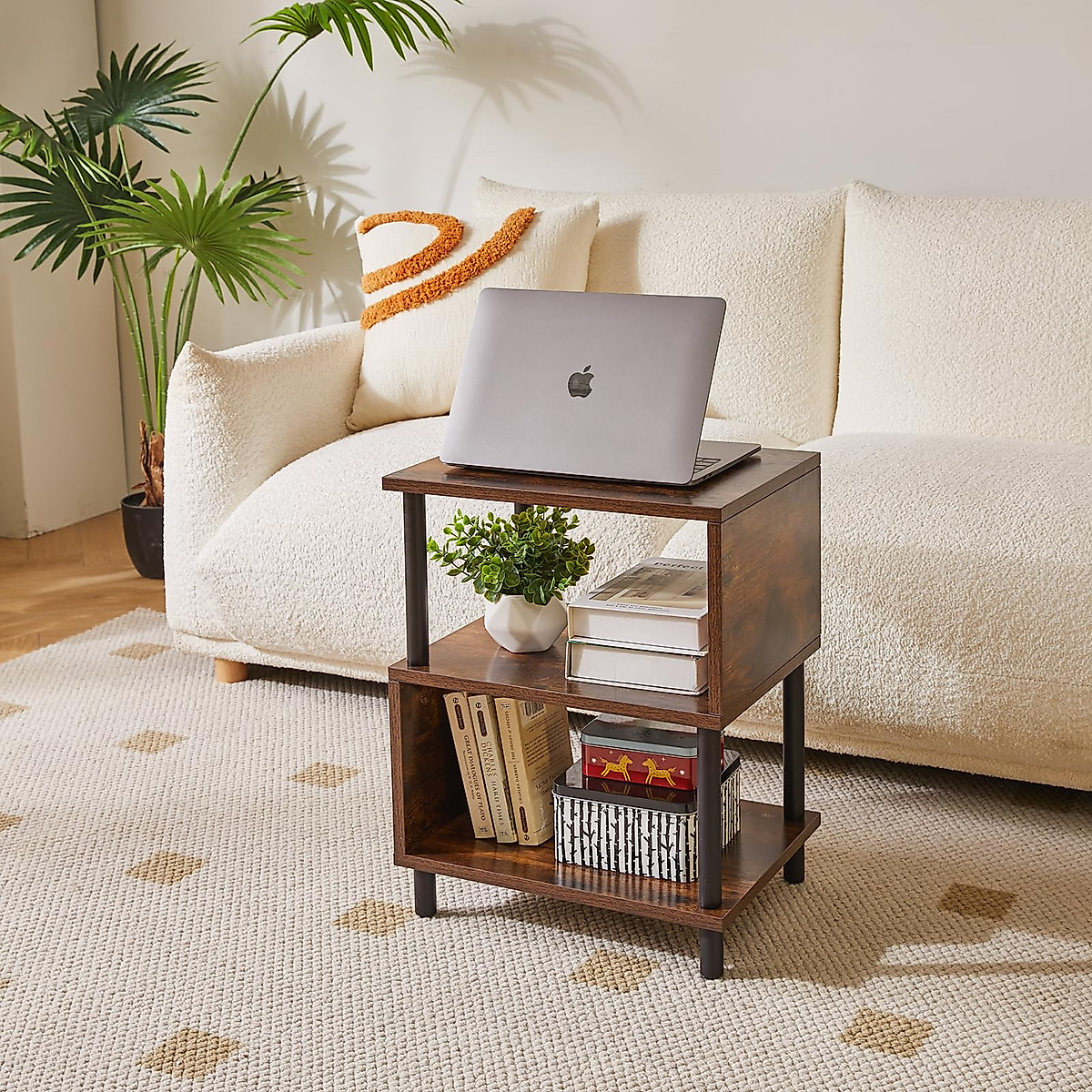 Aibiju Side Table for Bedroom, Narrow End Table Small, Mid-Century Modern Nightstand with Open Storage Shelf, Small Table Rustic Brown/Black YD-TM152H