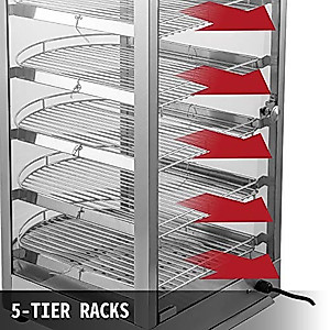VEVOR 110V 14.2-Inch Commercial Food Warmer Display, 5-Tier 800W Electric Pizza Warmer Display 86-185℉, Tempered-Glass Door Pastry Display Case, Restaurant Heated Cabinet, with 1 Trays & 1 Bread Tong