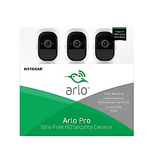 Arlo Technologies Pro -Wireless Home Security Camera System with Siren|Rechargeable,Night Vision,Indoor/Outdoor,HD Video,2-Way Audio,Wall Mount|Cloud Storage Included|3 Camera Kit (VMS4330), White