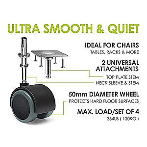 Slipstick CB681 2 Inch Floor Protector Rubber Caster Wheels (Set of 4) 5/16 Inch Stem or Top Plate Mounting Options - Black/Gray Green