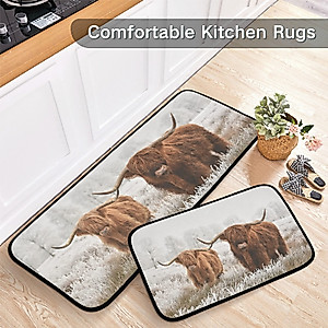 JUNZAN Scottish Highland Cow Kitchen Rugs and Mats Set of 2 Non Slip Anti Fatigue Runner Rug for Farmhouse Laundryroom Bathroom Home Western Decor Floor Mat