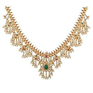 TARINIKA Gold-plated Brass Premal Antique Indian Jewelry Necklace Set for Women | Indian traditional | 1-Year Warranty | CZ Stones(White,Red,Green), Metal