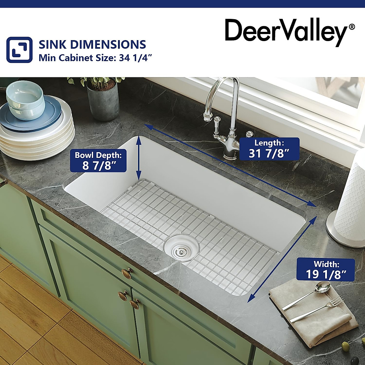 Undermount Kitchen Sink, DeerValley DV-1K513 Glen 30" L x 20" W White Single Bowl Kitchen Sink Fireclay Undermount Sink with Sink Grid and Basket Strainer