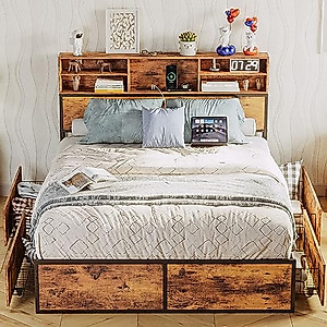 LIKIMIO Queen Bed Frame with Drawers 4 Storage Drawers & Bookcase Headboard & Charging Station, Sturdy and No Noise Platform Bed, No Box Spring Needed, Easy Assembly, Vintage Brown