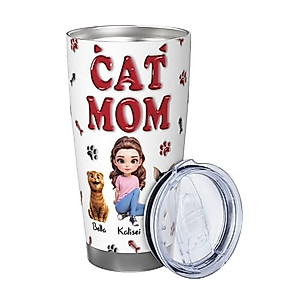 Cat Mom Tumbler,Personalized Insulated Tumbler with Women and Cat Cartoon Design,Custom Stainless steel Cup,Birthday Mothers Day Gift