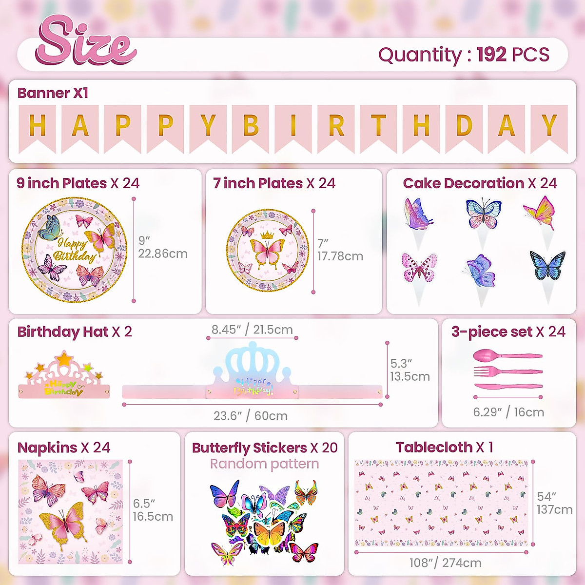 Butterfly Birthday Decorations Tableware Set,192 PCS Butterfly Birthday Party Supplies Serves 24 with Plates Napkins Tablecloth Cupcake Toppers and Banner for Butterfly Girl Birthday Party Decorations