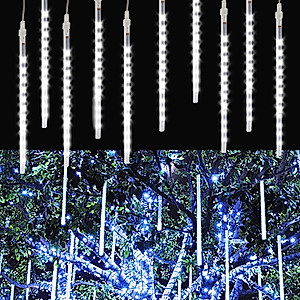 Aluan Christmas Lights Meteor Shower Rain Lights 10 Tube 240 LED 12 Inch Waterproof Plug in Falling Rain Fairy String Lights for Halloween Christmas Holiday Party Home Patio Outdoor Decoration, White
