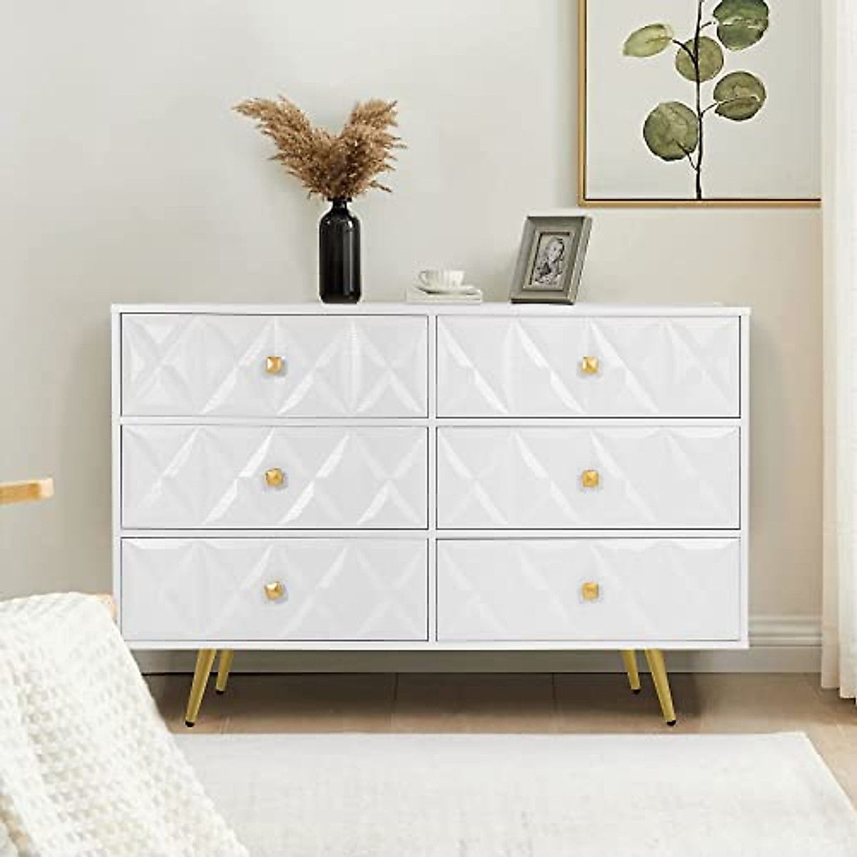 EazeHome White Dresser, 6 Drawers Dresser with Wide Double Drawer, Chest of Drawers Large Storage Cabinet for Bedroom, Living Room, Entryway, Hallway