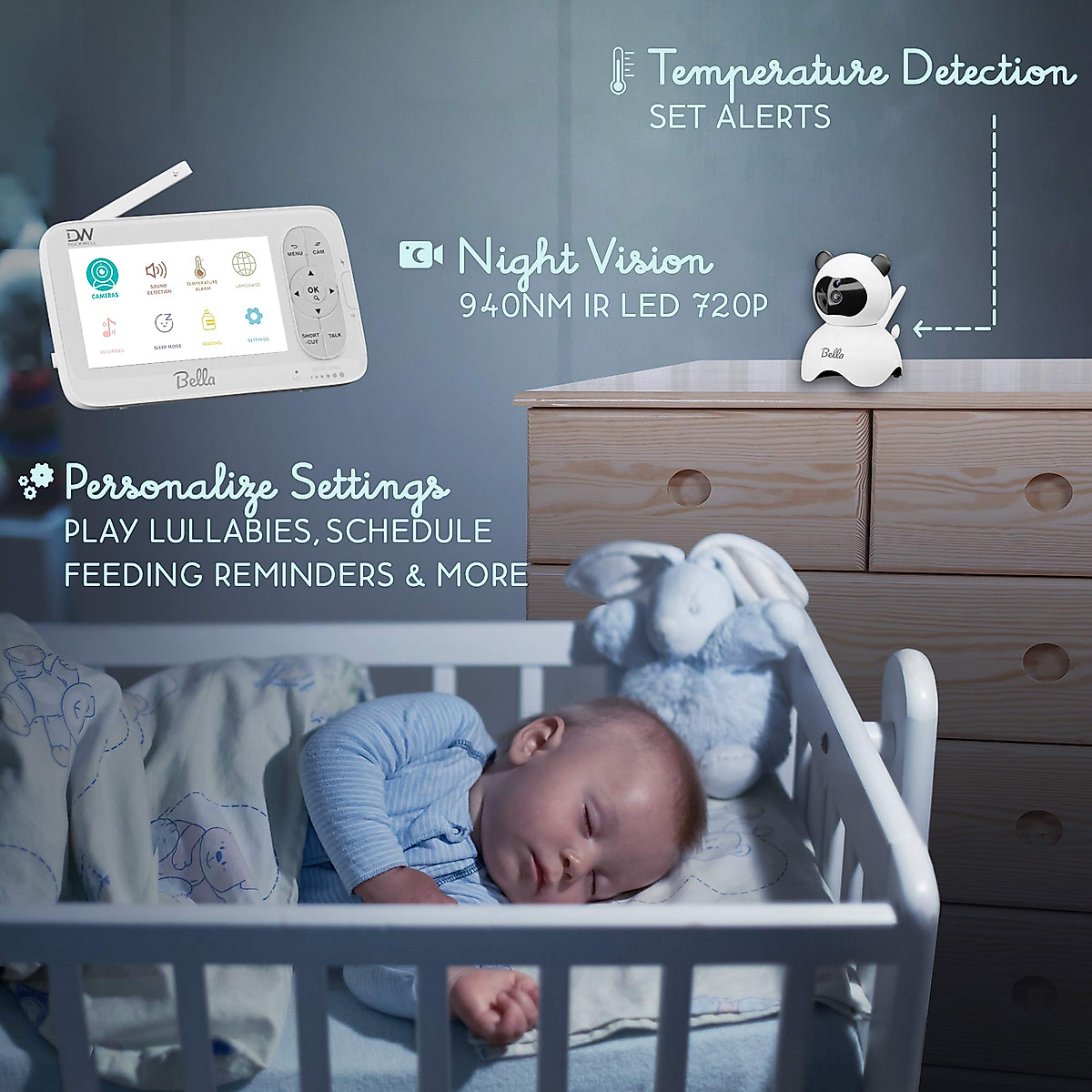 Dockwell Bella Video Baby Monitor with Camera and Audio - 5" LCD Display - HD Clear Picture Quality - Wide Angle 340 Degrees Pan 90 Degrees Tilt - 2 Way Audio - Alert Notifications - Night Vision