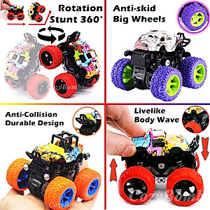 CozyBomB Friction Powered Monster Trucks Toys for Boys/Girls - Push and Go Car Truck Playset, Inertia Vehicle, Kids Birthday Christmas Party Supplies Gift 3 Years Old (Purple, Red, Orange, Green)