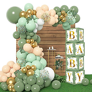 Amandir 143Pcs Baby Boxes Sage Green Baby Shower Decorations, Olive Green Balloon Garland Kit 4 Baby Blocks Gold Letter for Gender Neutral Boy Girl Safari Jungle Biythday Party Supplies