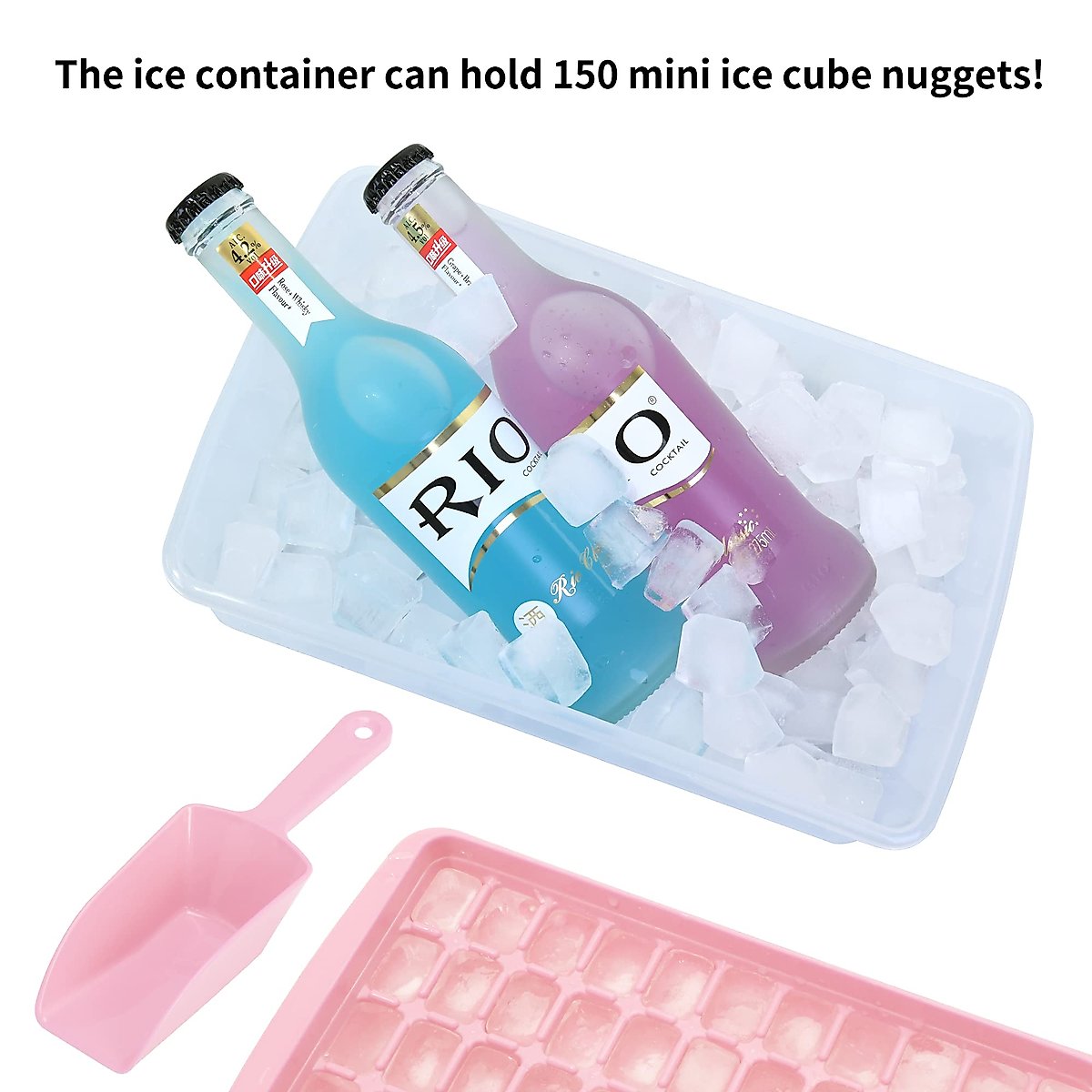 Ice Cube Tray with Lid and Bin for Freezer, Easy Release 55 Nugget Ice Tray with Cover, Storage Container, Scoop. Perfect Small Ice Cube Maker Tray & Mold. Flexable Durable Plastic, BPA Free