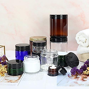 24 Pack 1oz Clear Round Glass Jars - Empty Cosmetic Containers with Inner Liners, black Lids and Glass Sample Jars with labels For Slime, Beauty Products, Cosmetic, Lotion，Powders and Ointments
