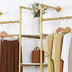 EDCB Industrial Pipe Gold Clothing Rack with Shelves, Retail Display Wall Mounted Storage Clothes Hanging Shelf Gold Pipeline Hanging Rod Steampunk Style, 4 Tier Wood Garment Rack 72.8x71inch