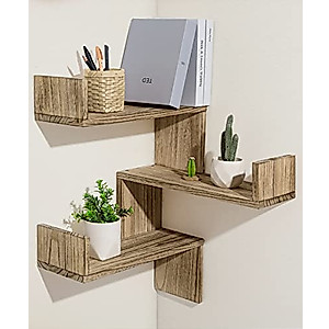 Maxpeuvon Corner Floating Shelves, Wooden Wall Mounted Rustic Farmhouse Organizer Display Pictures Plants Storage Shelf Home Decor for Office, Living Room, Set of 3, Brown