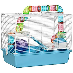 PawHut 3-Tier Large Hamster Cage with Tubes and Tunnels, Portable Carry Handles, Toy-Filled Steel Small Animal House, Includes Exercise Wheel, Water Bottle, Food Dish, 23" x 14" x 18.5", Light Blue