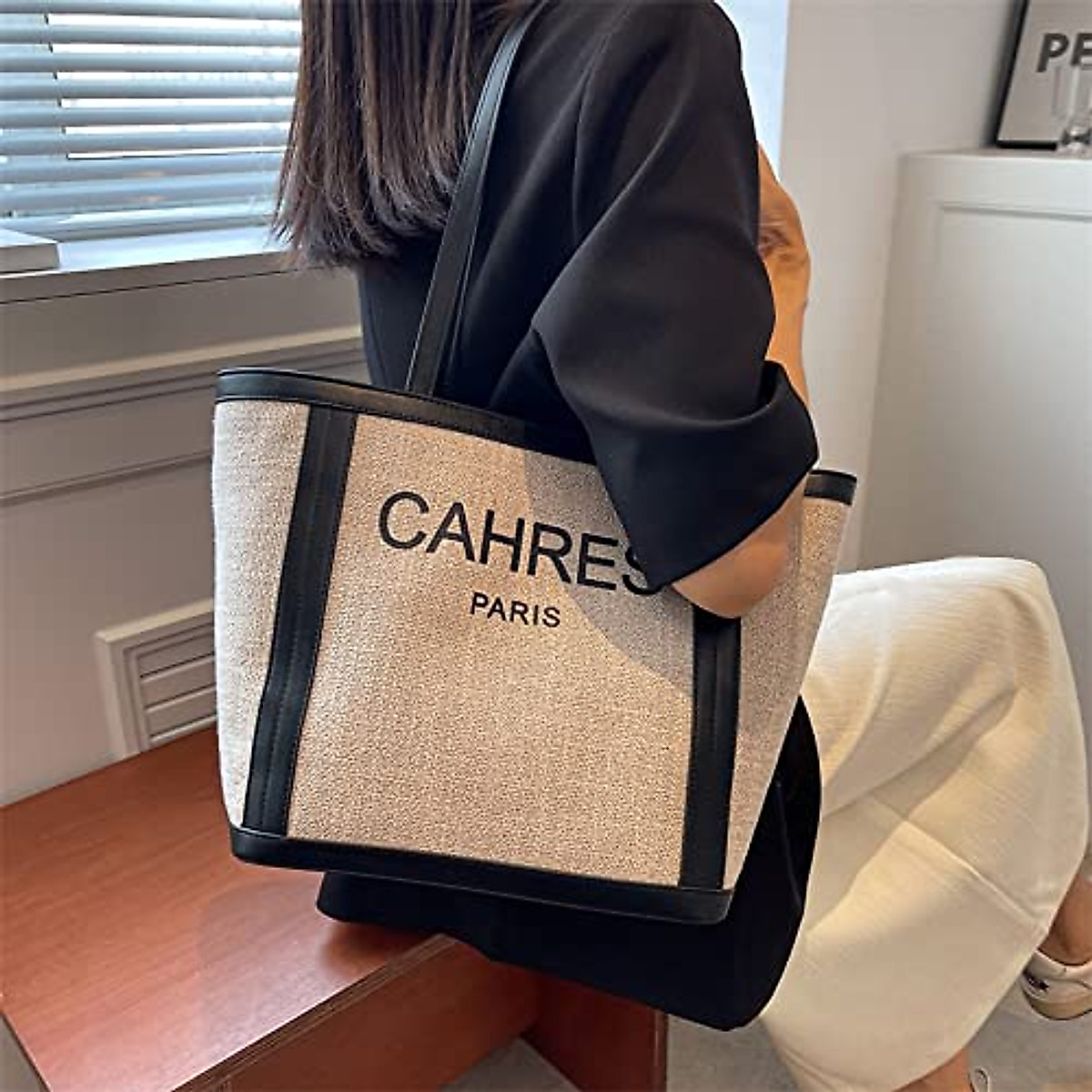 Women's Vertical Open, Durable Water-Resistant Tote Bag, Large capacity fashion woven tote bag(Large khaki)