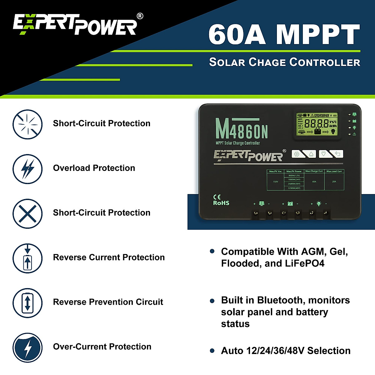 ExpertPower 630W 12V Solar Charging Kit: 210W*3 Mono Solar Panel + 60A Bluetooth MPPT Controller + Mounting Brackets + Connecting Cables for Off-Grid 12V DC Solar Power System