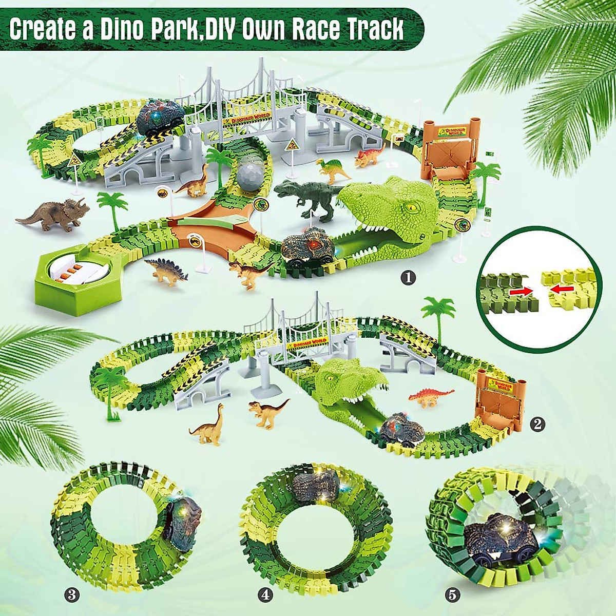 Dinosaur Toys Race Track,174pcs Flexible Track Set with 2 Dino Cars,Create a Dinosaur World Road Race,Include 8 Dinosaur Figurines,Jumbo Dinosaur Head,Dino Door & Bridge for Kids Toddlers Boys Girls