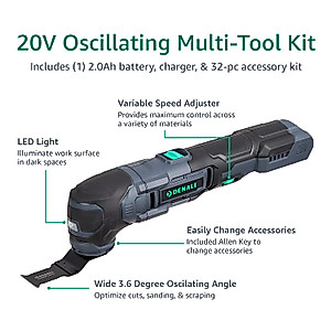 Amazon Brand - Denali by SKIL 20V Cordless Oscillating Multi-Tool Kit with 32 Piece Accessory Kit, 2.0Ah Lithium Battery, 2.4A Charger and Case