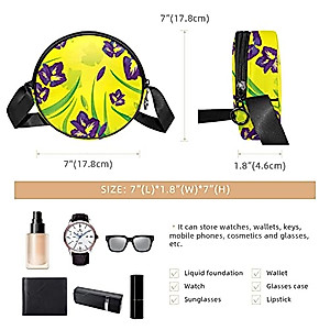 Purple Iris Flower with Yellow Background Crossbody Bag for Women Teen Girls Round Canvas Shoulder Bag Purse Tote Handbag Bag