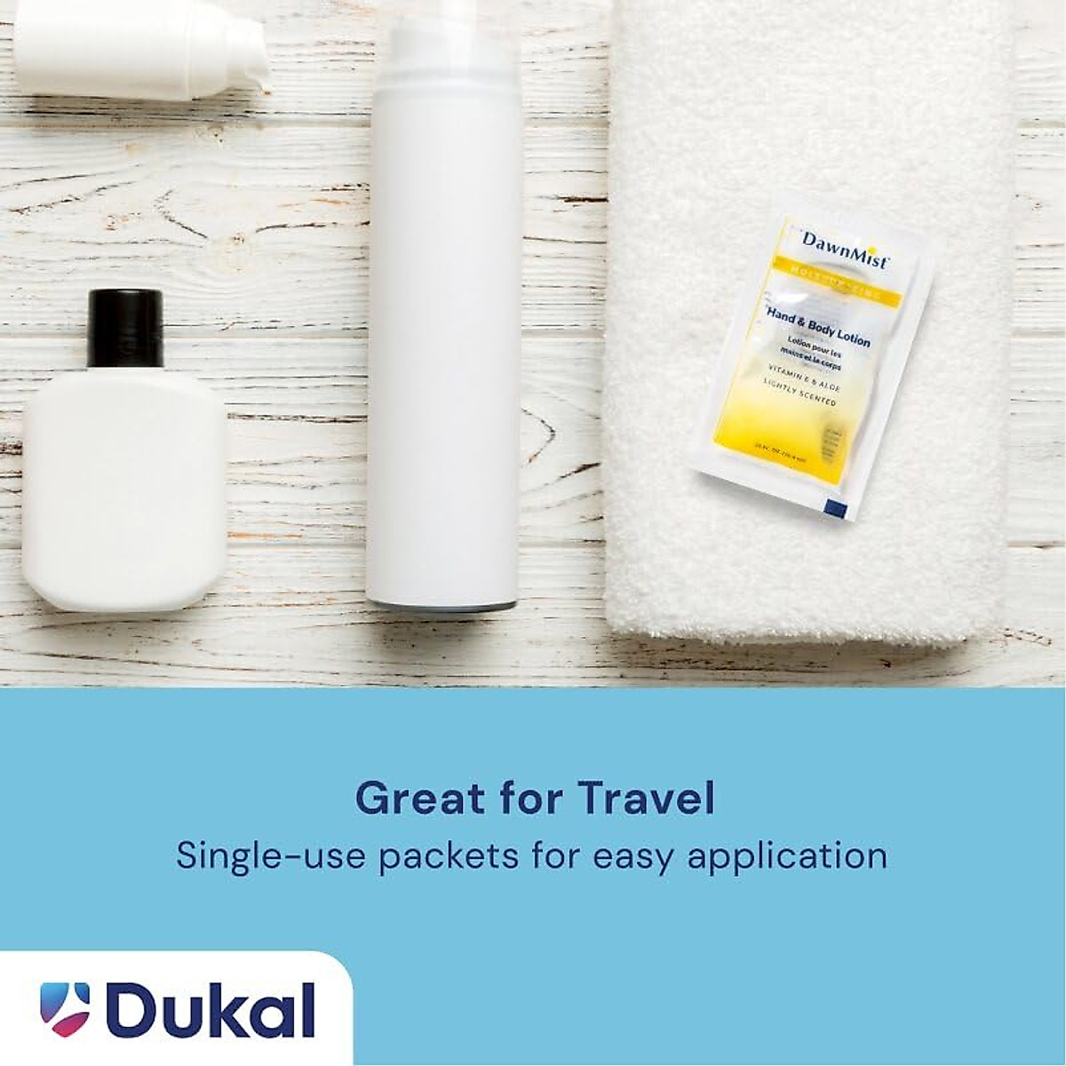 Dukal Moisturizing Lotion. Pack of 100 Hand & Body Lotion. Mild Coconut Fragrance Contains Aloe, Vitamin E, Alcohol-free formula Moisture Loss Prevention 0.35 oz Single-Use Packet. Scented Body Lotion