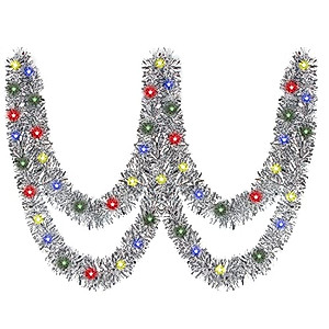 KIMOBER 32.8 Ft Christmas Prelit Tinsel Garland, Silver Metallic Garland with 100 LED Lights for Christmas Tree Decoration,Wedding Party Supplies