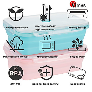 Vimas Extra Large Silicone Food Storage Containers, 53oz/1600ml Collapsible Meal Prep Containers with Lids for Fruits, Vegtables (Pink)