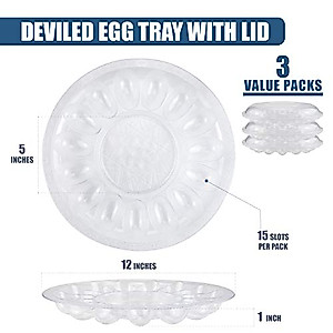[3 Pack] Deviled Egg Tray with Lid - 12" 15 Slot Round Clear Plastic Deviled Egg Carrier with Dome Lid - Durable Polystyrene Disposable Reusable Container for Pickled Stuffed Eggs and Serving Starters