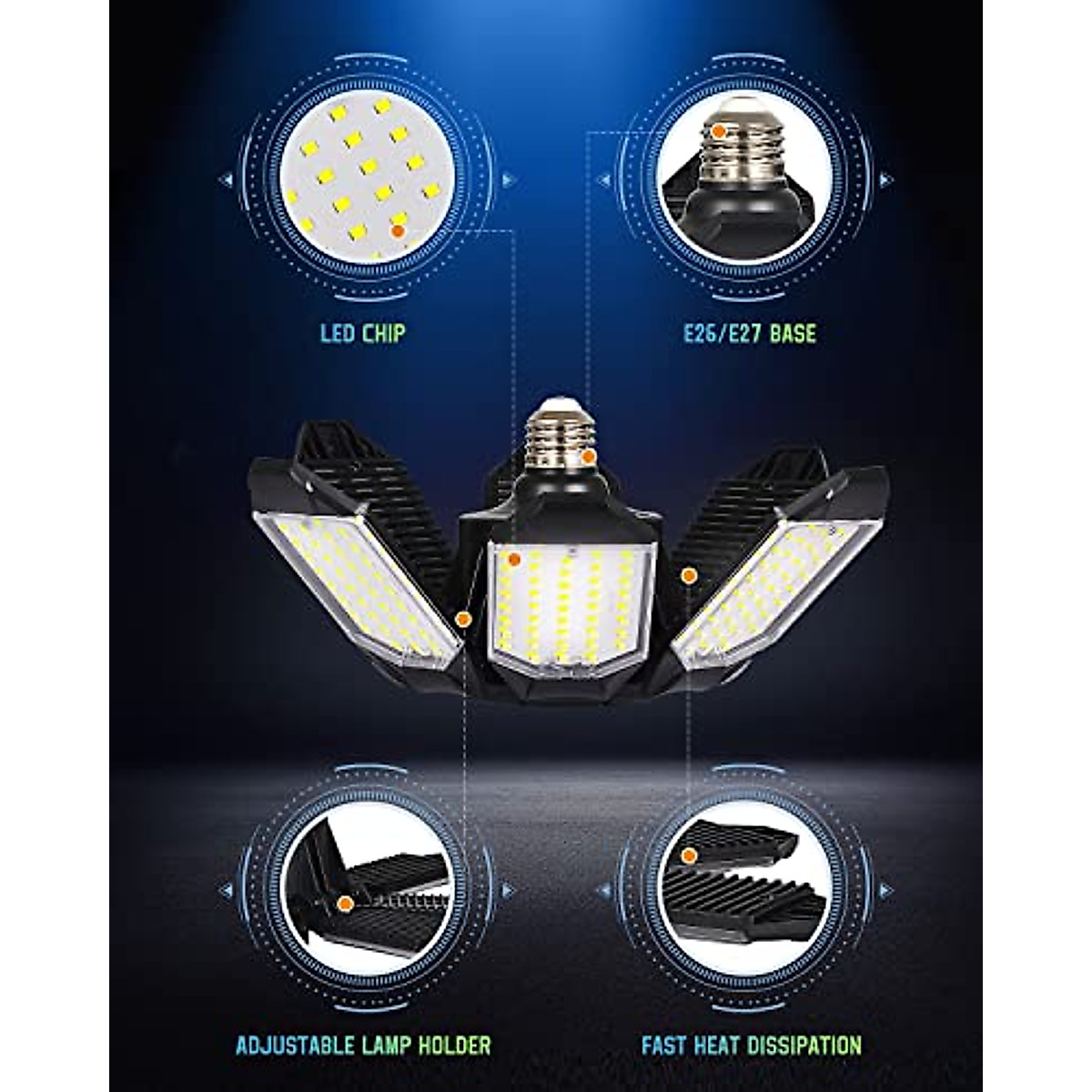 LIGHTNUM 4 Pack LED Garage Light, 45W LED Lights for Garage, 16000LM 6500K E26/E27 Deformable Garage Lights Ceiling LED with 6 Adjustable Panels Compatible for Workshop Storage Room Basement