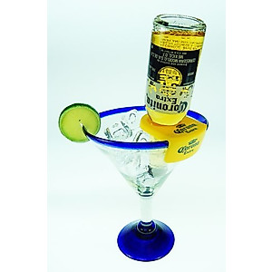 Mexican Glass Margarita Blue Rim 20 Oz with CoronaRita Clips/Corona Beer Holders (Set of 2)