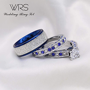 Two Rings His Hers Wedding Ring Sets Couples Matching Rings Women's 2pc White Gold Filled Heart CZ Wedding Engagement Ring Bridal Sets Men's Stainless Steel Wedding Band