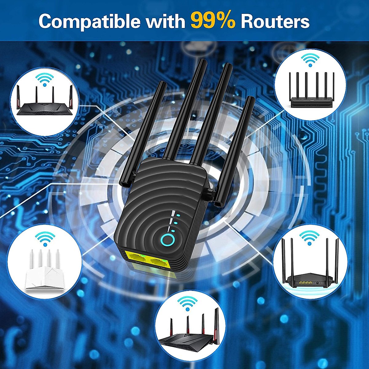 Wireless Signal Booster up to 1500 Sq.ft, 2.4 & 5GHz Dual Band Amplifier with Ethernet Port, 4 Antennas 360° Coverage Extend WiFi Signal to Smart Home
