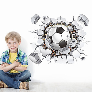 17"x16" 3D Soccer Football Cracked Wall Stickers Vinyl Decals Removable Decor for Living Room Kids Room Baby Nursery Boys Bedroom