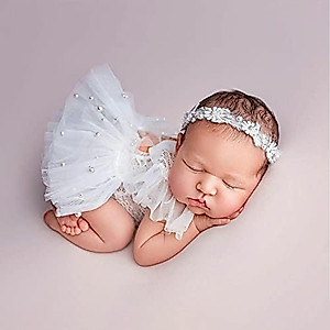 M&G House White Lace Newborn Photography Outfits Girl Newborn Photography Props Pearl Lace Rompers Newborn Girl Lace Romper Photoshoot Outfits Halloween (Short Sleeve, White, 0-2Months)