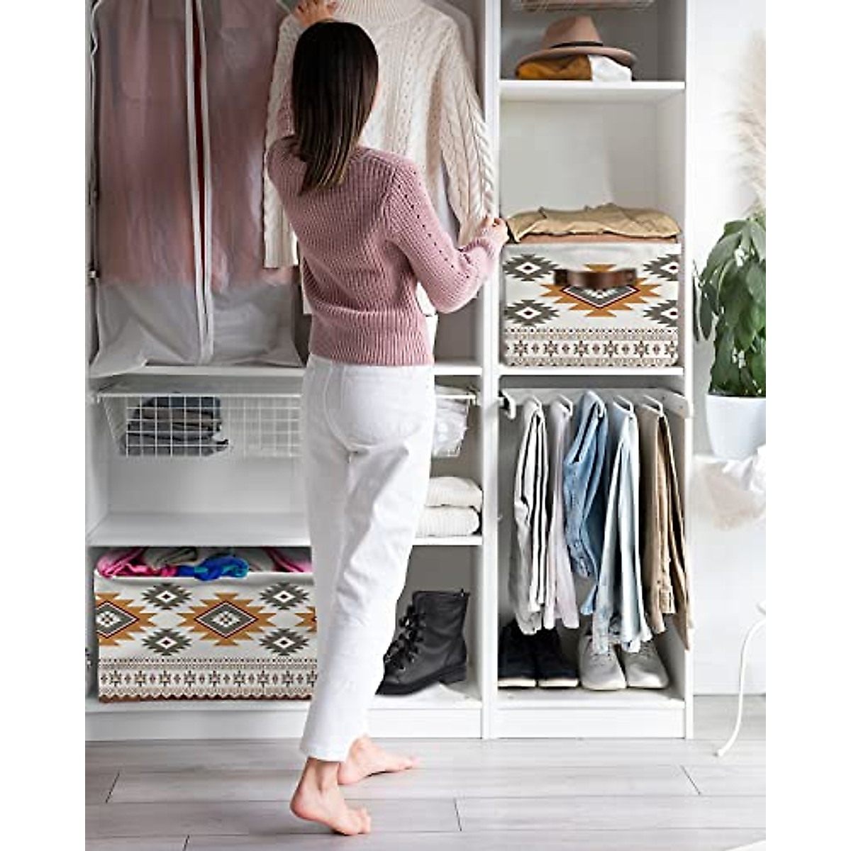 Southwest Geometry Cube Storage Organizer Bins with Handles,15x11x9.5 Inch Collapsible Canvas Cloth Fabric Storage Basket,Rustic Boho Native American Tribal Books Kids' Toys Bin Boxes for Shelves